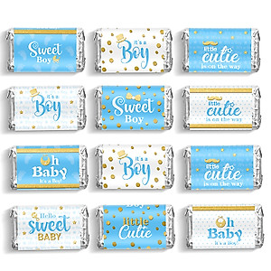 Baby Shower Candy Wrappers, Shower Mini Candy Bar Miniatures Wrappers Chocolate Bar Label Stickers for Boys Girls Kids Baby Shower Decor (No Candy)(Blue Boy Style, 90 Pieces)