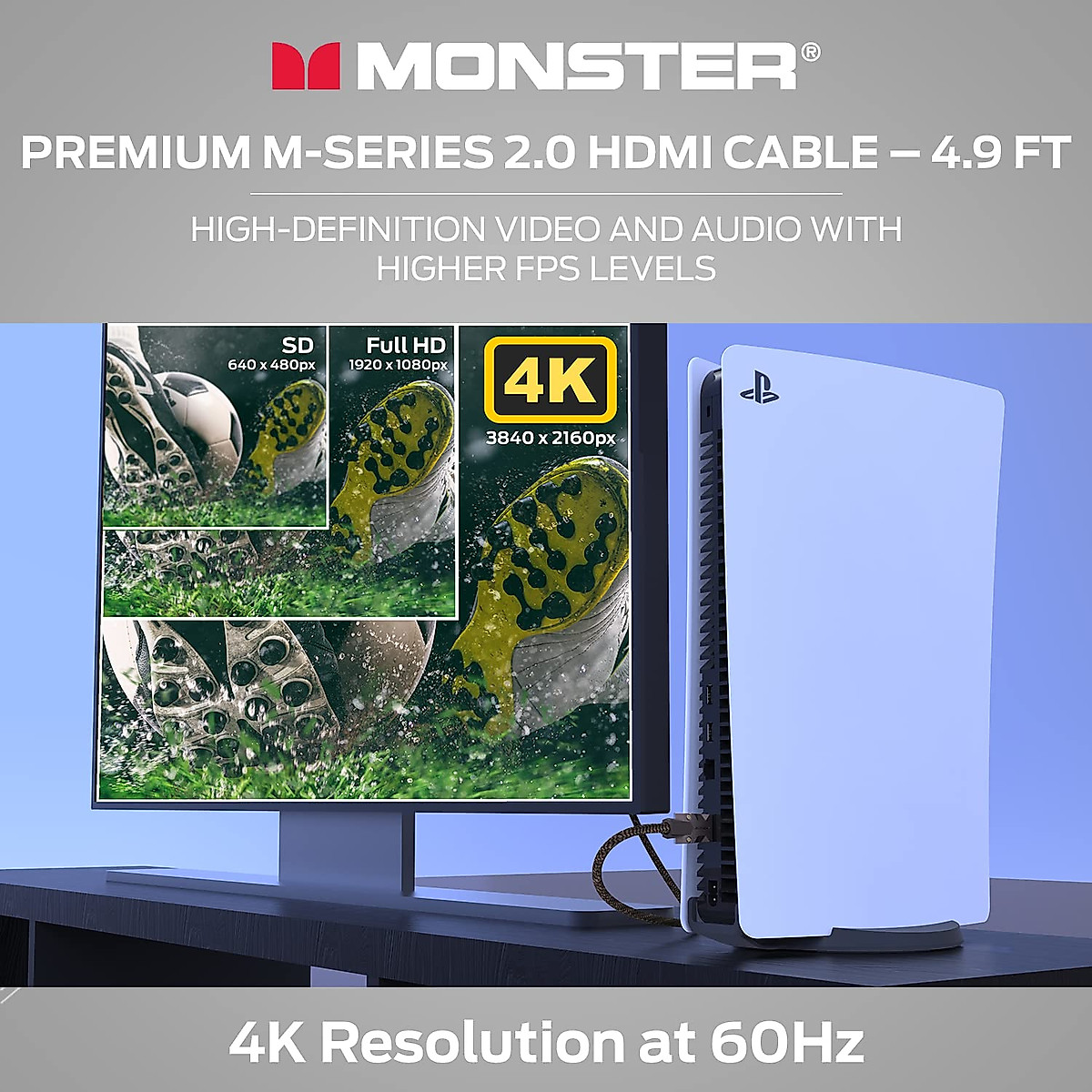 Monster M-Series Certified Premium HDMI Cable 2.0, Features 4K Ultra HD at 60Hz Refresh Rate, Duraflex Jacket, and Triple Layer Shielding, 25 Gbps - 4.9 ft