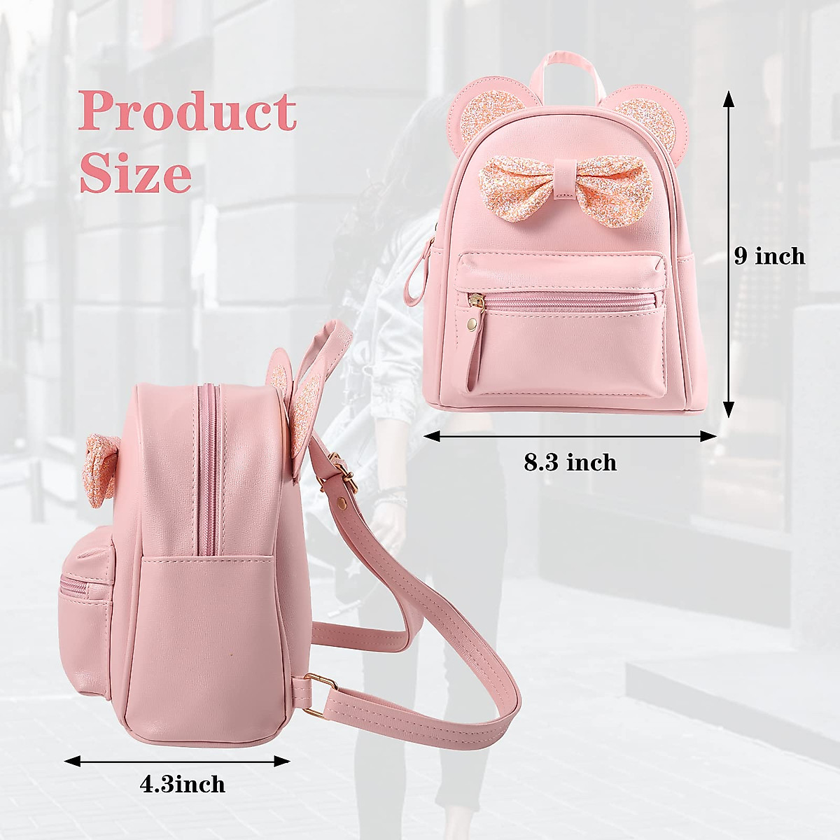 DingCo Girls Mini Leather Backpack Sequin bow Mouse Ears cute backpack small backpack gifts for teenage girls