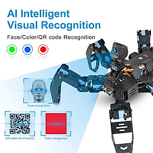XiaoR Geek Hexapod Robot Kit for Raspberry Pi 4B, Walking Spider Programmable AI Robot Kit, Face,QR Code,Color Recognition, Ultrasonic Sensor, HD Camera, 18 DOF Metal Servo (Included Raspberry Pi)