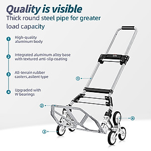 RJTEK 【Upgraded Version】 Stair Climber Hand Truck and Dolly, 220 Lb Capacity Stair Climbing cart Heavy-Duty Trolley Cart Heavy-Duty Luggage cart Stair Dolly Lightweight with Telescoping Handle