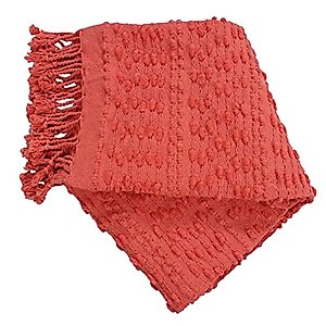 ACCENTHOME Cotton Throw Blanket with Tufted Decorative Design | 50''X60'' Cozy Chenille Knit Lightweight Boho Chic Blankets | Coral Soft Fringe Tassel Blankets for Couch, Bedroom, Living Room Sofa