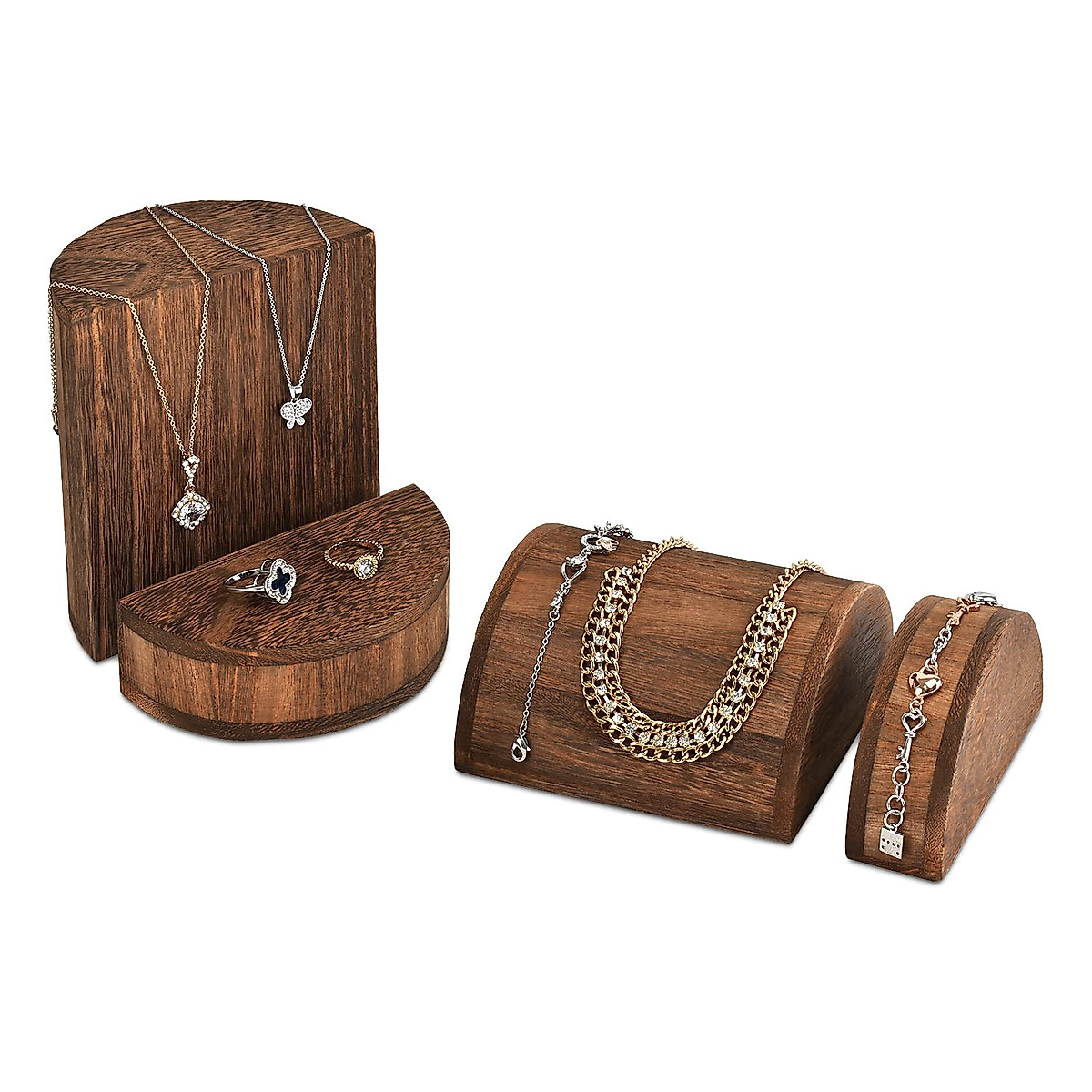MOOCA 4 Pcs Lightweight Wooden Jewelry Display Riser Set for Bracelets, Earrings, and Necklaces, Multiple Combinations for Countless Display Styles, Brown Color