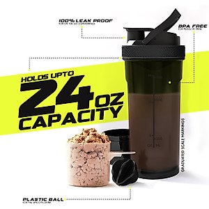 KICHLY Shaker Bottle 1 Pack - 24 Ounce Plastic Protein Shaker Bottle for Pre & Post workout with Twist & Lock Protein Box Storage (Black)