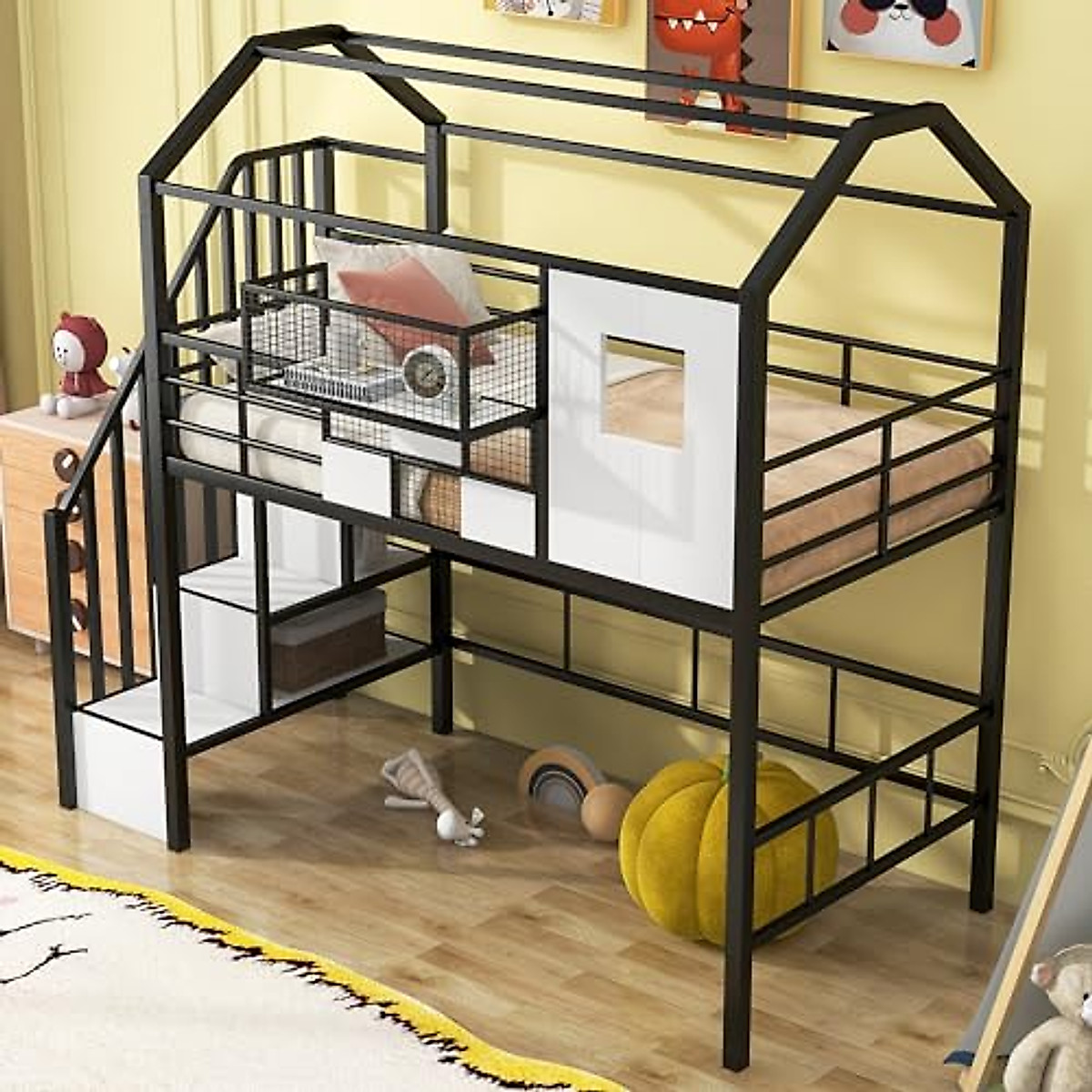BOVZA Twin Size House Loft Bed with Stairs and Roof, Kids Metal Low Loft Bed Frame with a Storage Box and Saftey Guardrails for Teens Boys, Black+White