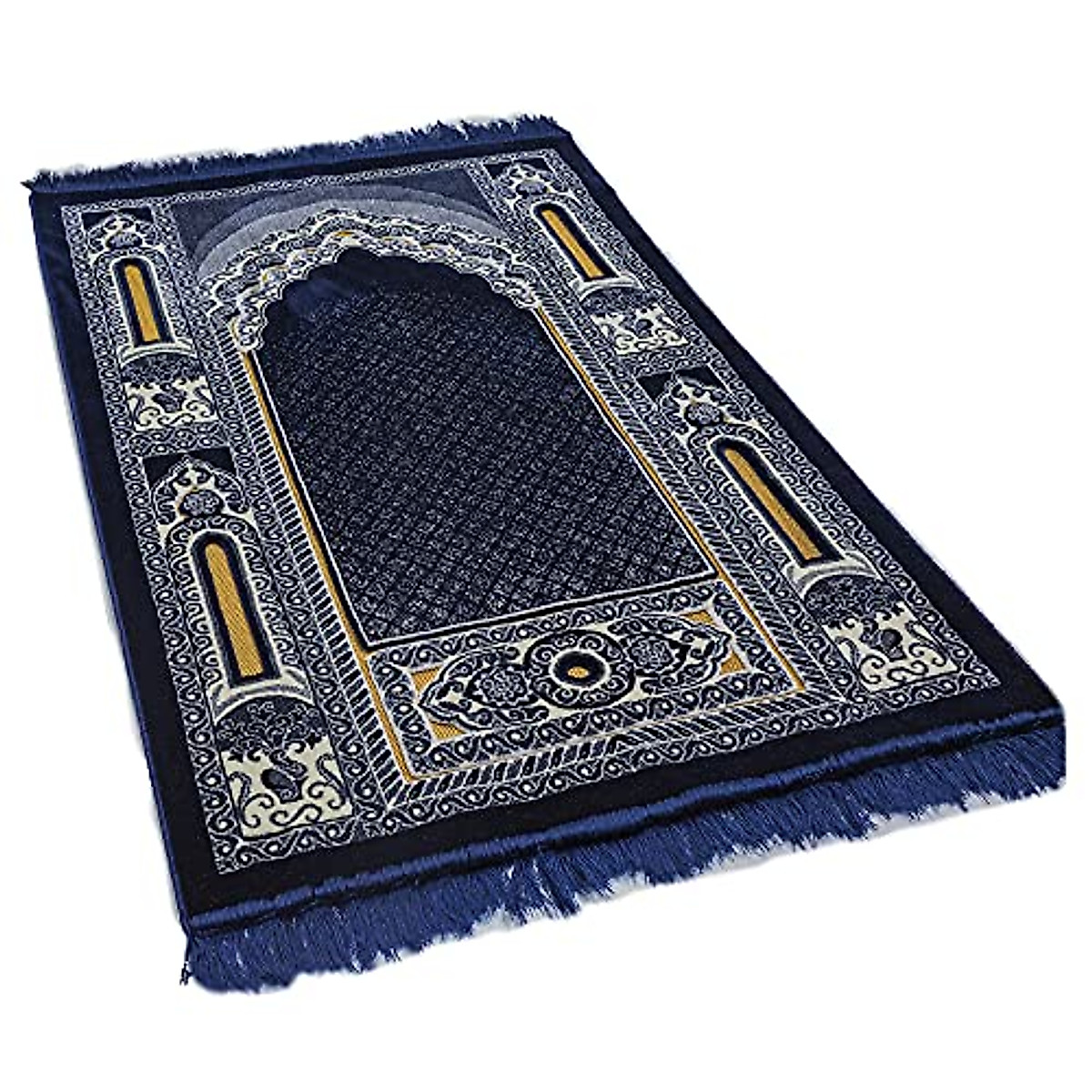 Modefa Islamic Prayer Rug - Double Plush Large & Wide Velvet Carpet - Traditional Muslim Janamaz Sajada - Thick Turkish Prayer Mat for Men & Women- Ramadan or Eid Gift - Floral Mihrab (Navy Blue)