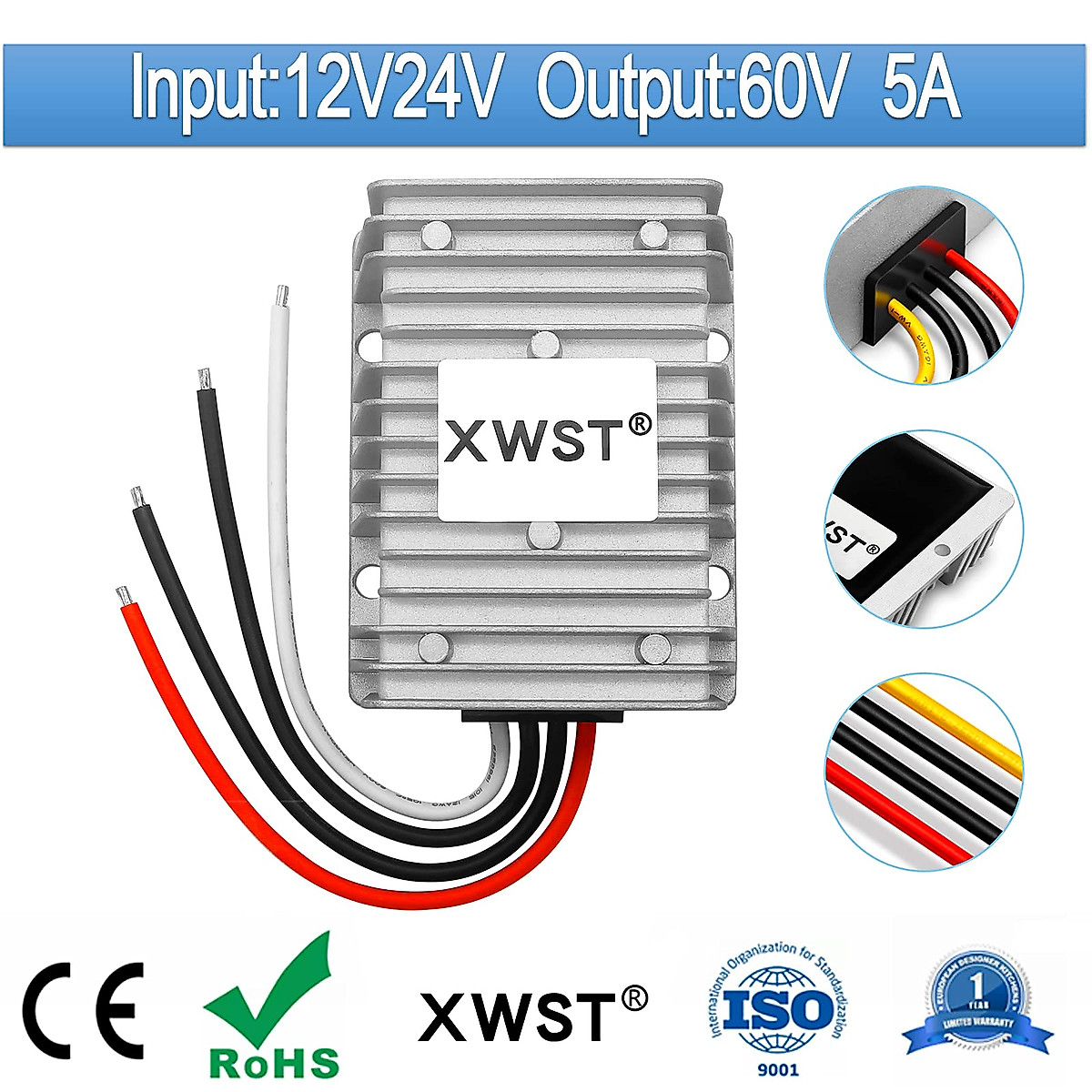 XWST DC 12V 24V Step up to 60V 5A 300W Converter Voltage Converter, 60Volt regulator Waterproof DC/DC Boost Transformer Power Supply (12V 24V to 60V 5A)