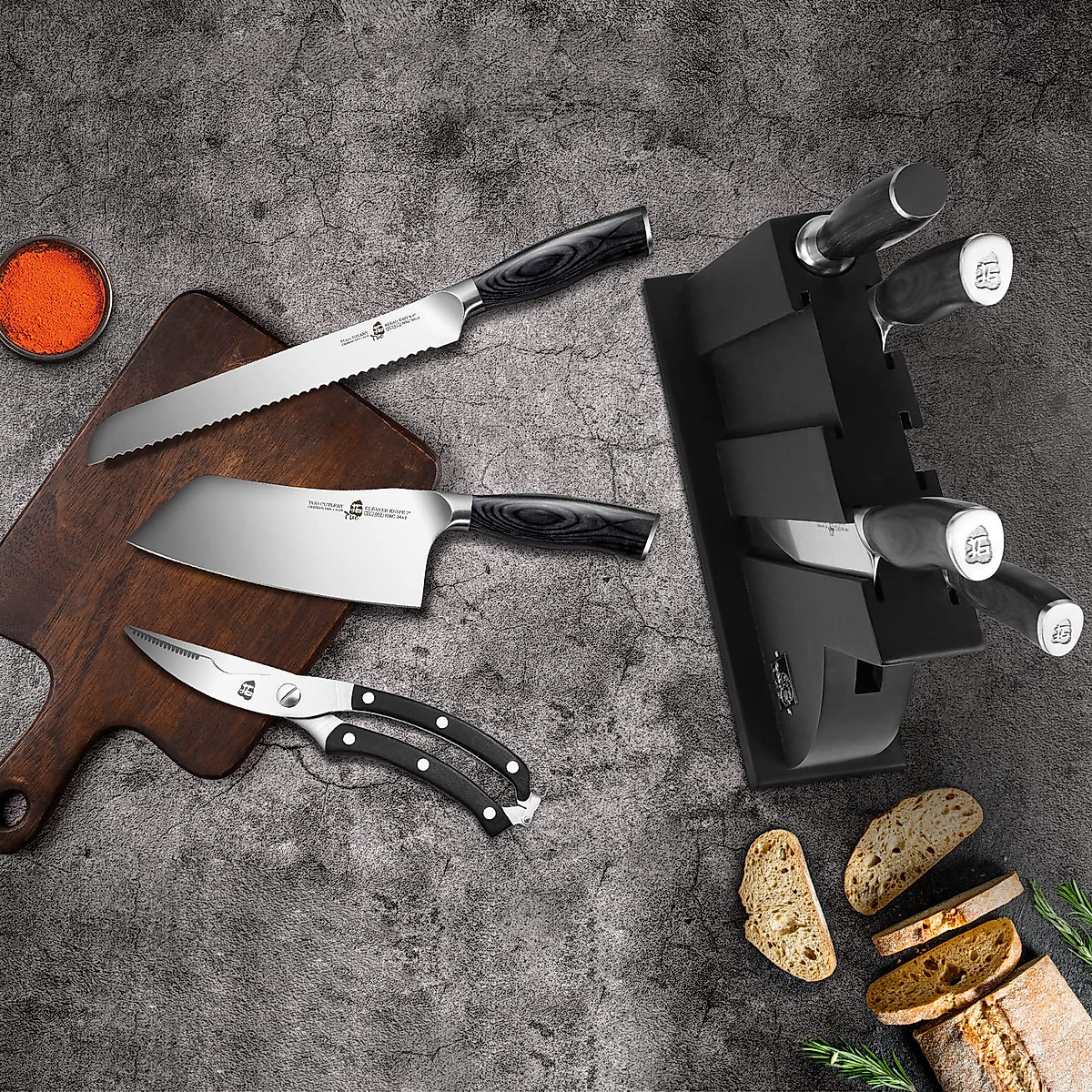 TUO 8 Pcs Chef Knife Set - Professional Knife Block Set Sharpener Steel, German Stainless Steel Ergonomic Pakkawood Handle with Gift Box, Fiery Phoenix Series - Black