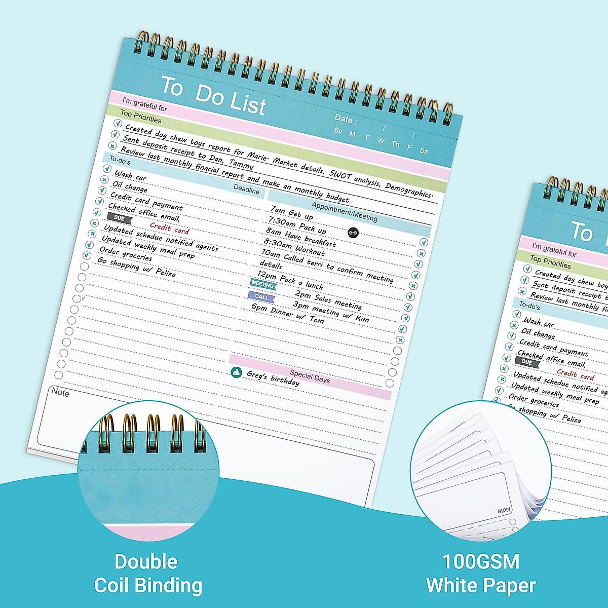 To Do List Notepad, Spiral Bound Undated Daily Planner, 52 Sheets 8.5" X 10.5" Tear Off Task Planning Pad with Checklist, For Work Office Home
