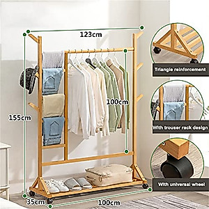 YXDFG 3-in-1 Clothes Hanging Rack, Rolling Closet Organizer Shoe Rack, Bamboo Clothes Drying Rack,with Bottom Shelves and 6 Side Hooks, for Hanging Clothes in Laundry, Bedroom, Bathroom Etc,Wood