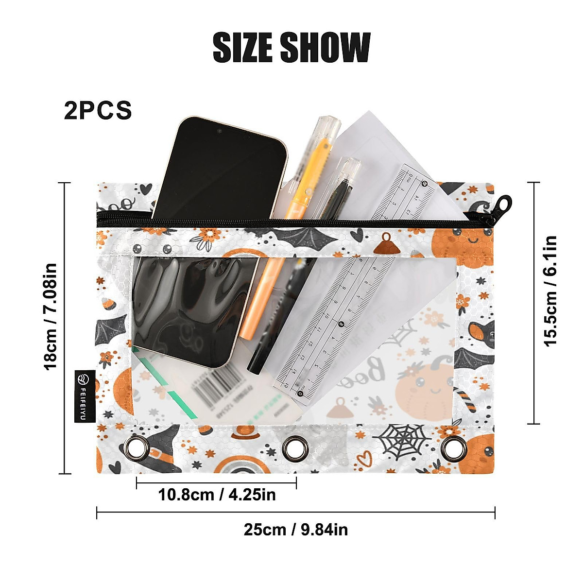 MCHIVER Halloween Ghost Pumpkins Bat Pencil Pouch for 3 Ring Binder Pencil Case with Zipper Clear Window Binder Bag for Office Daily Supplies 2 Pack