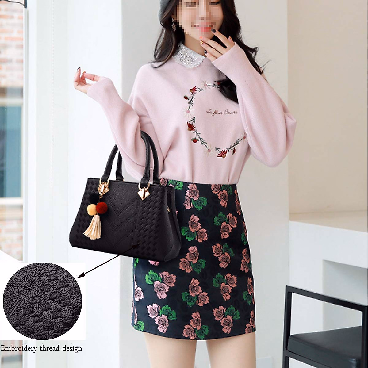 YOUNXSL Womens Leather Handbags Purses Top-handle Totes Satchel Shoulder Bag for Ladies with Pompon and Tassel Khaki