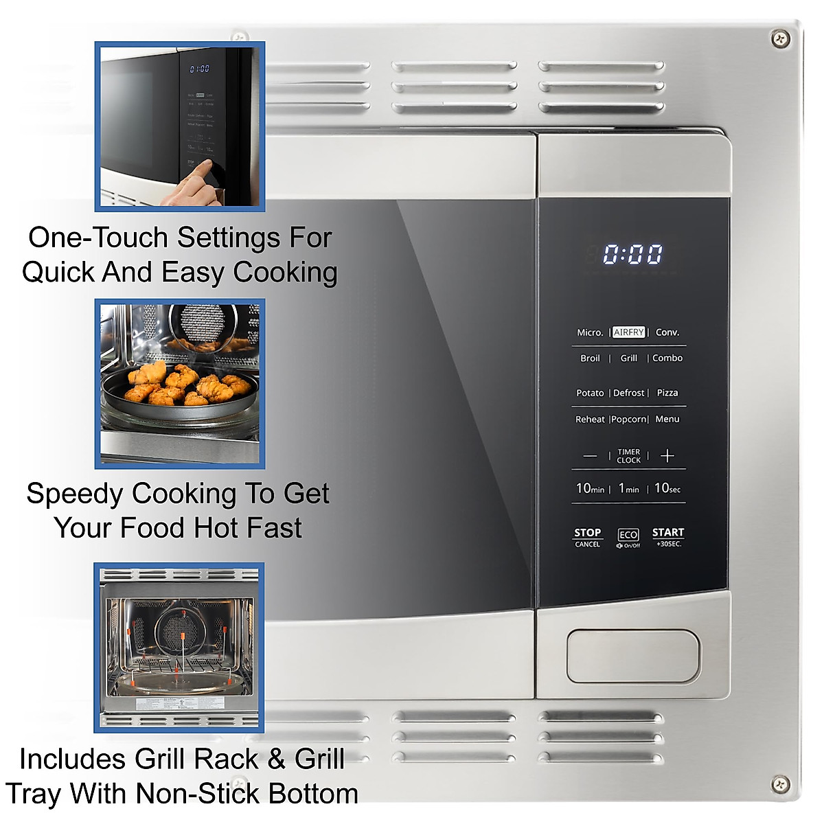 RecPro RV Kitchen Air Fryer & Convection Microwave with Trim Kit | 1.0 Cu. Ft. | 120V | 6 Cooking Modes (Stainless Steel)