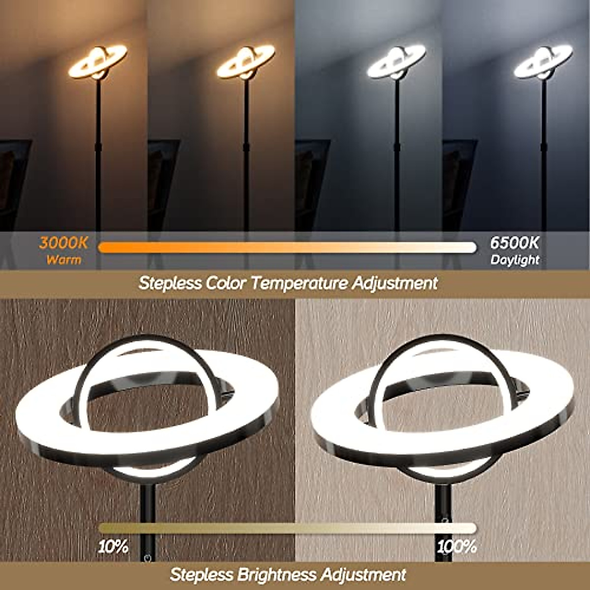 WAMPAT Floor Lamp,Black Bright Modern LED Floor Lamps,Tall Standing Lamp for Living Room,Bedroom,Remote&Touch Control Stepless Dimmable Light,Retractable Stand,2 Planet Idea Rotating Lights