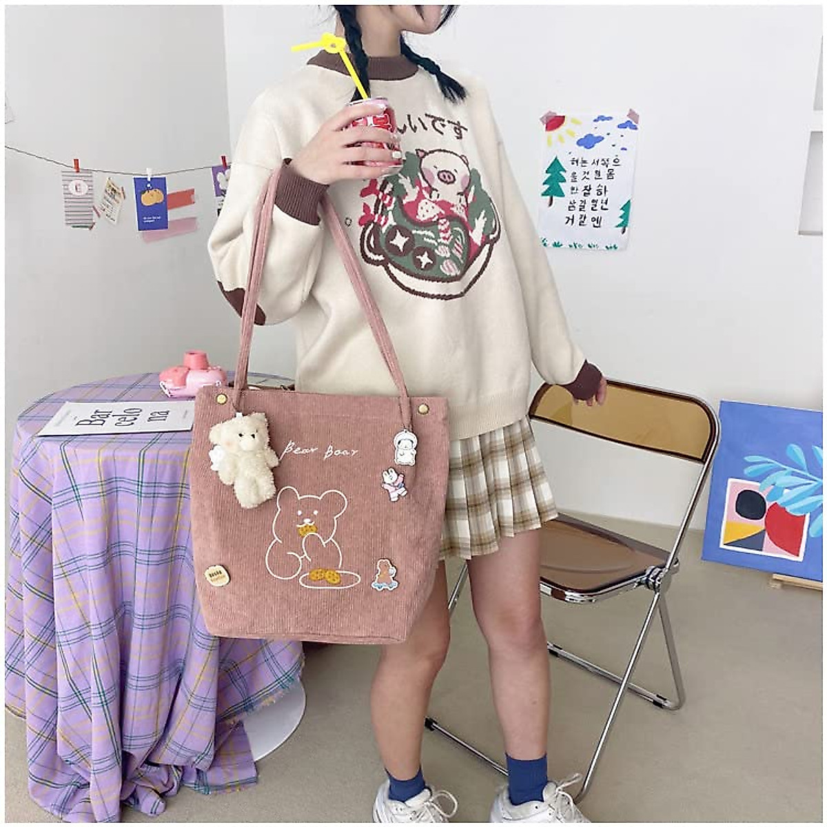Women Corduroy Shoulder Bag Cute Bear Canvas Tote Bag Large Corduroy Hobo Bag Casual Shoulder Handbag for Work School Travel (Pink)