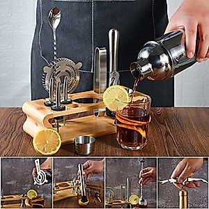 Esmula 12 Piece Bartender Kit with Bamboo Stand, 25oz Cocktail Shaker Set for Mixed Drink, Professional Bar Tool Set With Cocktail Recipes Booklet, Gift for Man Dad Friend (Silver)