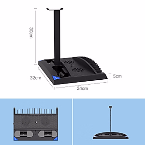 Goluodck PS5 Stand with Suction Cooling Fan and Dual Controller Charger Station for Playstation 5 PS5 Console, Suction Cooler Fan with Charging Dock Station and 12 Games Storage