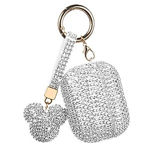 Luxurious Shining Rhinestone Diamante Apple AirPods Pro Case, Bling Sparkle Protective Cover Carrying Mickey Ball Keychain for Airpods Pro,Shockproof Anti-Scratch Anti-dust (Silver)