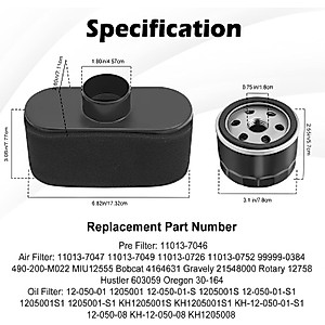 KLWZH 11013-0752 Air Filter 49065-7007 Oil Filter for Kawasaki FR651V FR730V FS481V FS541V FS600V FS730V 4-Cycle Engine Lawn Mower Tractor 11013-7047 Air Filter Replacement