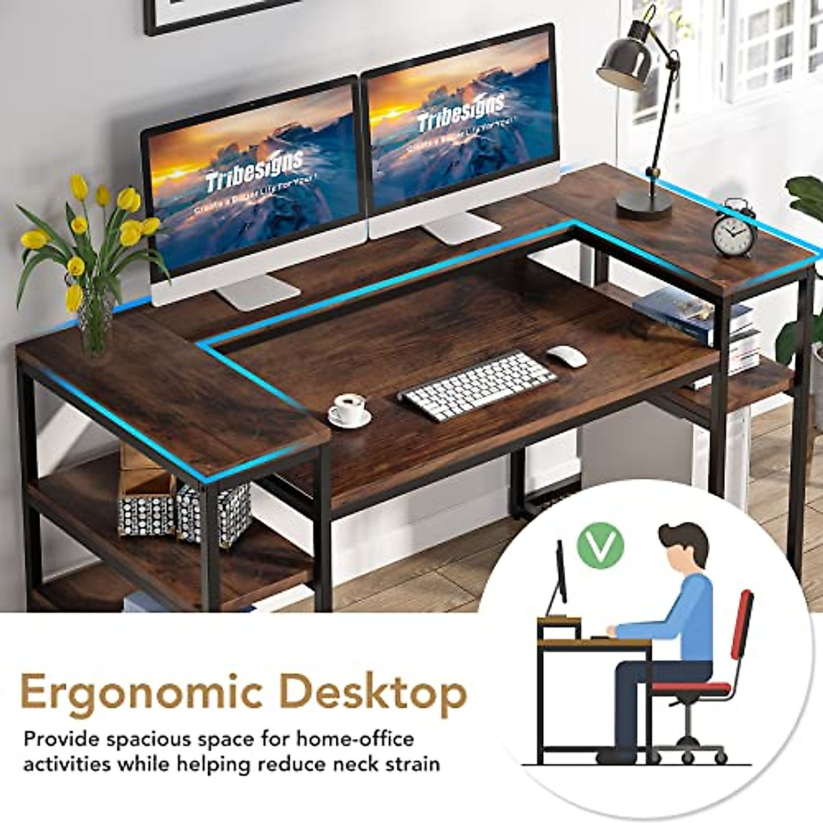 Tribesigns 63 Inches Computer Desk with Open Storage Shelves, Large Office Desk with Monitor Shelf & CPU Stand, Study Writing Table Workstation with Printer Stand for Home Office(Brown)