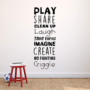 Vinyl Art Wall Decal - Play Share Clean Up Laugh Take Turns Imagine No Fighting Giggle - 45.5" x 16.5" - Cute Modern Decals for Kids Toddlers Home Bedroom Playroom Apartment Nursery Decor Stickers