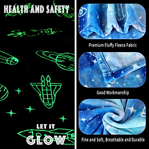 Wesan Glow in The Dark Galaxy Blanket Space Gifts for Kids Boys Girls Outer Space Planets Spaceships Astronomy Starry Sky Throw Birthday for 1-13 Year Teenage Teens Blue 50"x60"