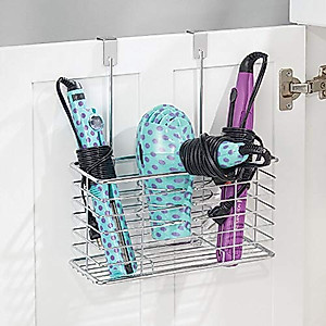 mDesign Steel Over Cabinet/Door Hair Dryer Holder Storage, Hair Styling Tool Organizer Basket for Bathroom - Hair Blow Dryer, Flat Iron, Curling Wand, Hair Straightener - Linelle Collection - Chrome