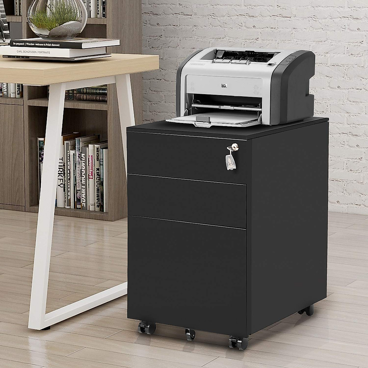 ModernLuxe 3 Drawer Metal Mobile File Cabinet with Lock Metal Filing Cabinet for Legal/Letter/A4/F4 Size Fully Assembled Home Office File Cabinet(Except Casters)