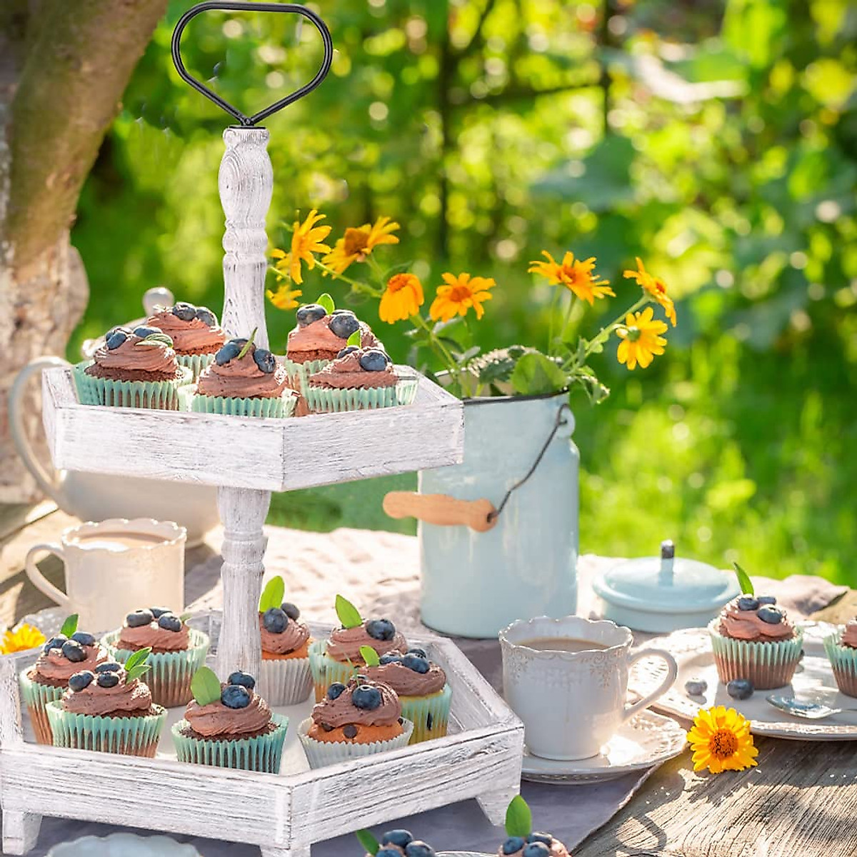 Two Tiered Tray White Farmhouse Decor Trays, Wood Fall Kitchen Decor Tray, 2 Tier Trays Wood Cake Stand Country Decor Tiered Serving Tray Wooden Festival Decorative Tray 19"x15"