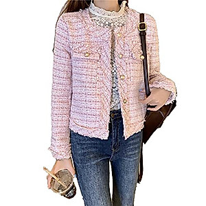 SaytoRose Women's Plaid White Tweed Blazer Open Front Collarless Blazer Elegant Work Cropped Jacket Coat(Pink,M)