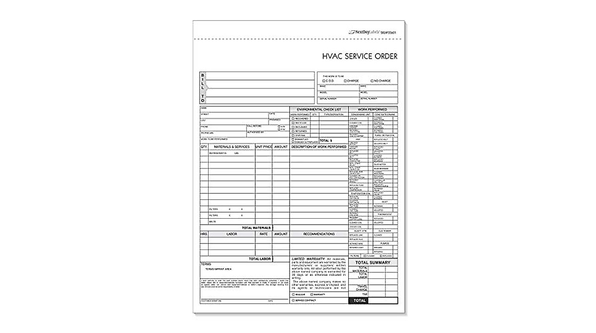 HVAC Service Order & Repair Forms - 3 Part Carbonless Invoice