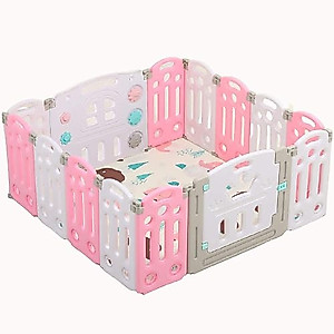 UNICOO – Baby Playpen, Foldable Kids Fence Activity Center, Safety Playard with Games Station Non-Slip Rubber Bases, Adjustable Shape (ZC-001-PW Pink + White)