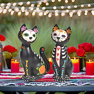 Newman House Studio Sugar-Skull Halloween-Decorations - Day-of Dead-Figurines Floral Cats Couple-Decor Dia de Los Muertos Black Kitten Collectibles Set of 2, 6.3L x 4.0W x 10.2H inch