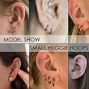Hypoallergenic Small Hoop Earrings for Women Men Huggie Tiny Hoop Earrings Sets for Cartilage Tragus Titanium Surgical Steel Gold Silver Black Color 20G 9mm Inside Diameter