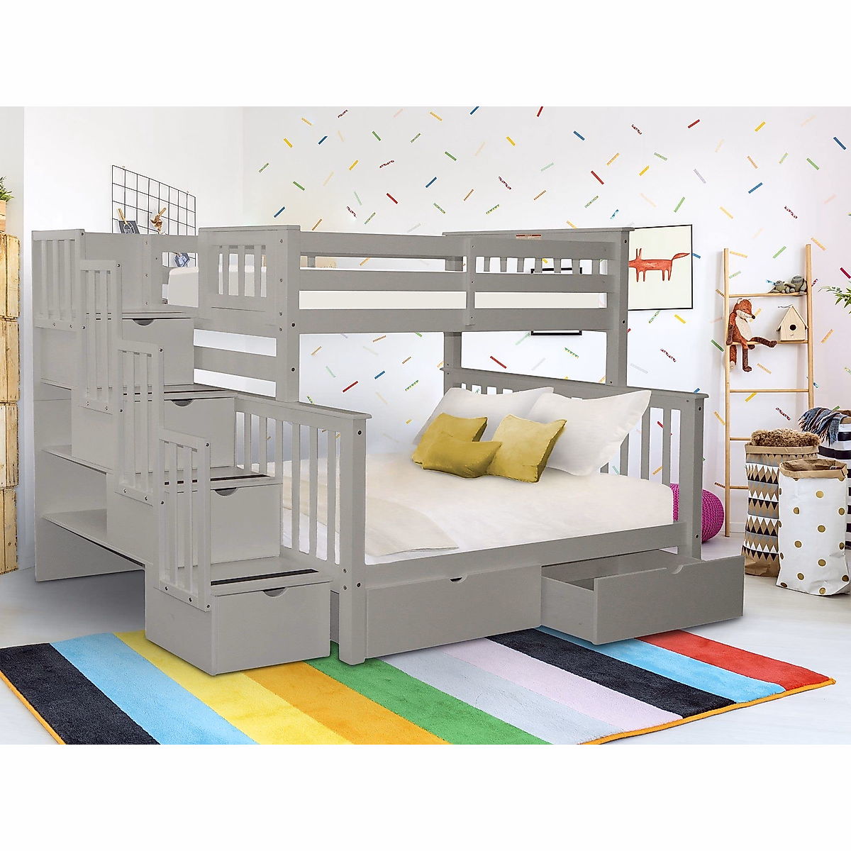 Bedz King Stairway Bunk Beds Twin over Full with 4 Drawers in the Steps and 2 Under Bed Drawers, Gray