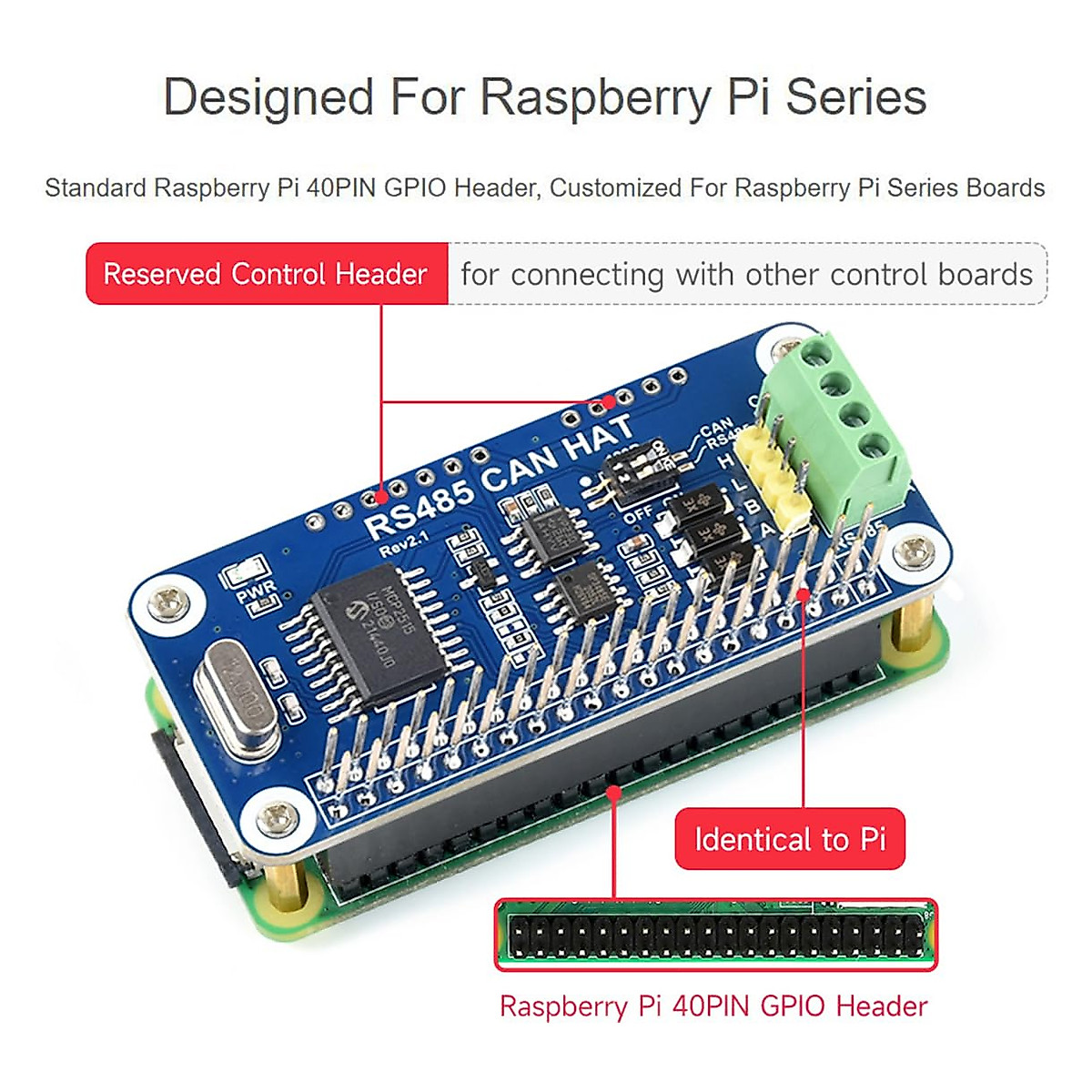 for Raspberry Pi,RS485 CAN HAT for Pi 4B/3B+/3B/2B/B+/A+/Zero/Zero W/WH/ 2W/2WH,RS485 CAN HAT Long-Distance Communication via RS485/CAN Functions MCP2515 CAN Controller SPI Interface