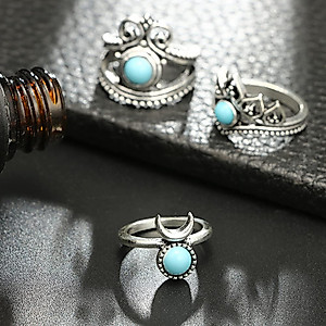 Octwine 11 pcs Boho Silver Turquoise Knuckle Rings Set Silver Stacking Midi Finger Rings Set Bohomian Statement Joint Carved Knuckle Ring Set Women Girls Party