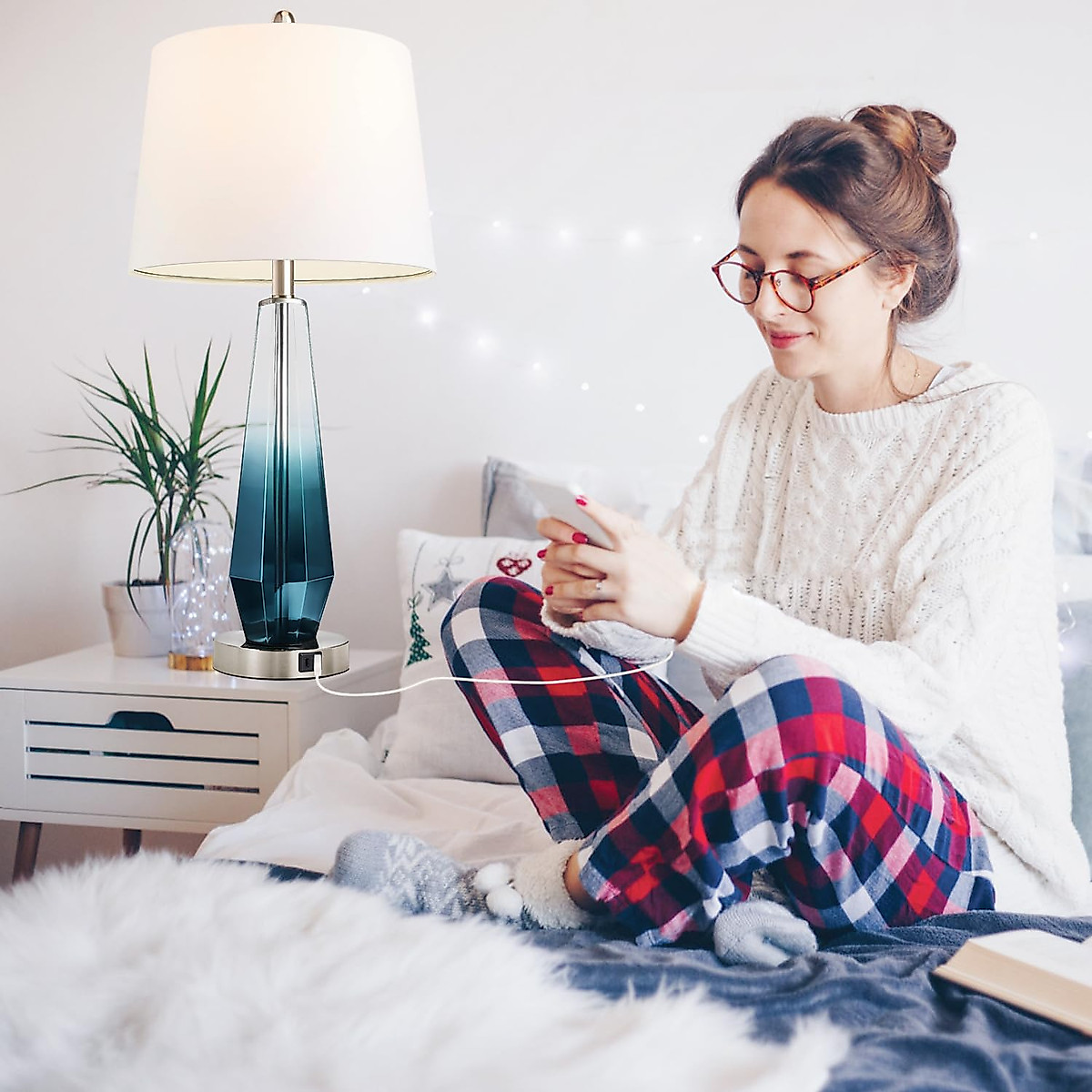 Modern Table Lamps Set of 2, 28" Teal Tall Lamp with USB C+A, Blue Glass Lamp Coastal Lamps with Linen Shade, Nightstand Bedside Lamps for Living Room End Table Buffet Lamps