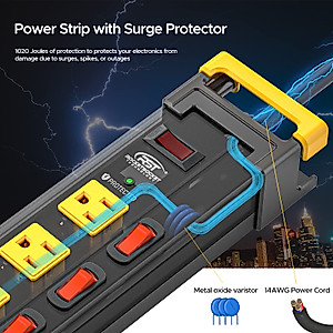 CRST 12 Outlets Heavy Duty Power Strip Surge Protector with Individual Switches, Metal Mountable Power Strip with Cord Manager, 9FT, 1020J, 15A/1875W (Black+Yellow) for Garage, Workshop, Shop, Home