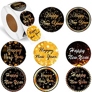 800 Pcs 2025 Happy New Year Stickers Round Black and Gold Stickers Bulk 1.38 Inch Snowflake New Year Labels Decorative Stickers for New Year Holiday Cards Envelopes Gift Boxes, 8 Designs