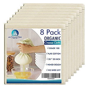8 PCS Reusable Cheesecloth, Grade 100, 20x20 Inch Hemmed Organic Cheese Cloth for Straining Craft, 100% Cotton Unbleached Cloth Strainer for Cooking, Baking, Juicing, Cheese Making