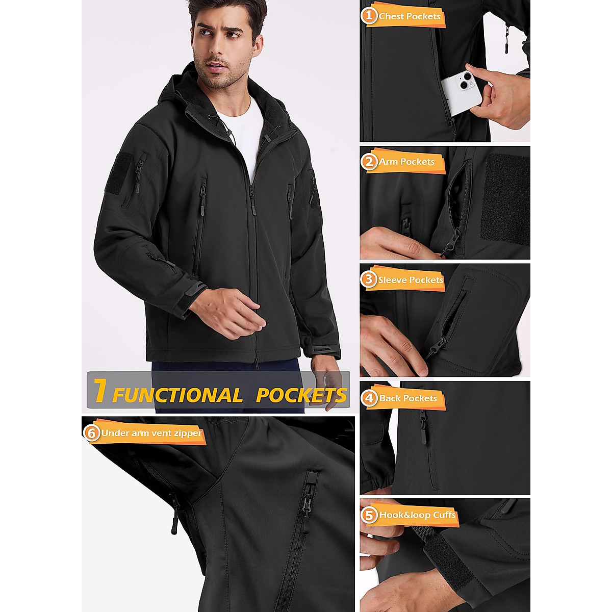 ReFire Gear Men's Army Special Ops Military Tactical Jacket Softshell Fleece Hooded Outdoor Coat, Black, US Large which is equal to Asian XL