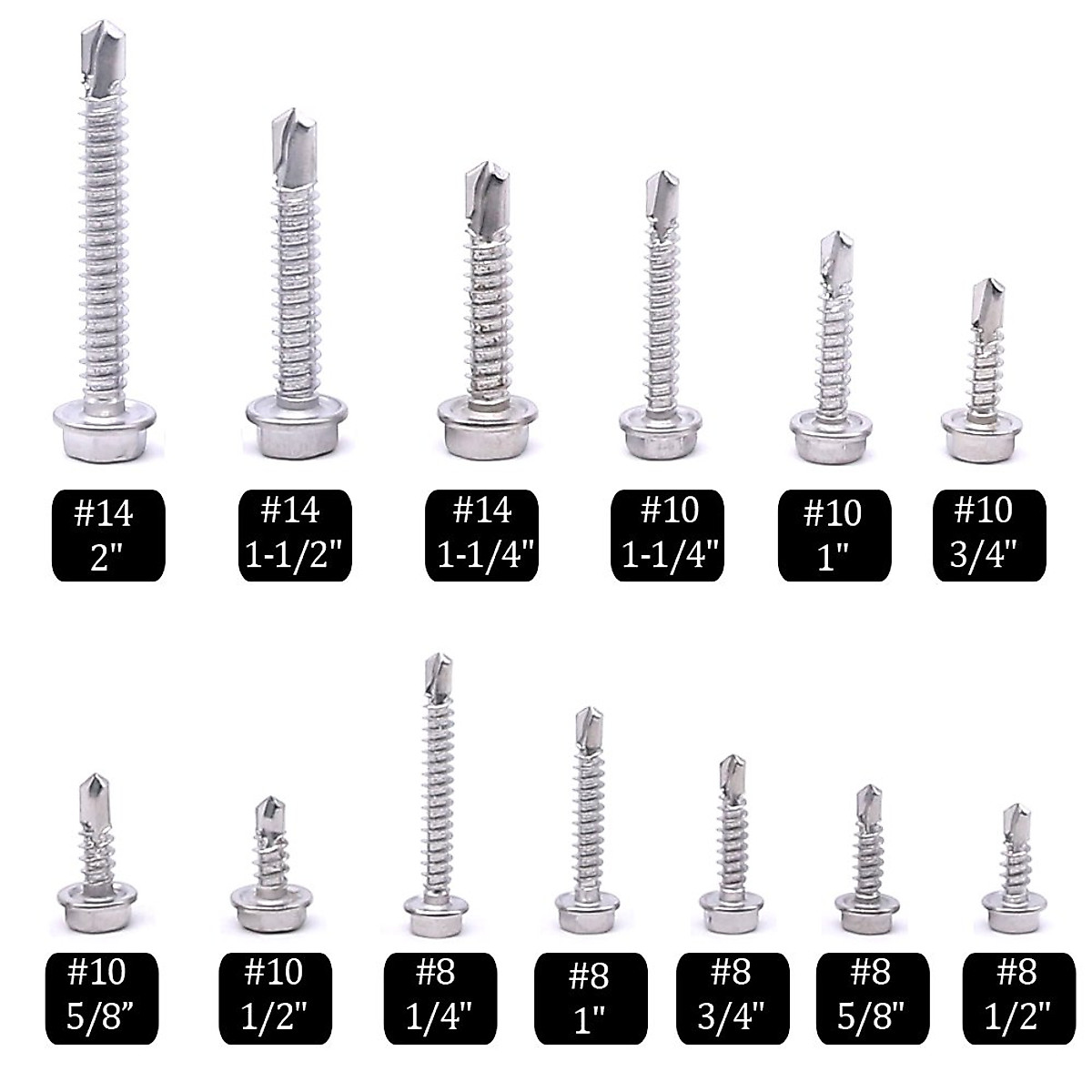 Hilitchi 295 Pieces #8 / #10 / #14 Stainless Hex Washer Head Self Drilling Sheet Metal Tek Screws with Drill Point (1/2'' to 2'' Size Inside Plastic Box)