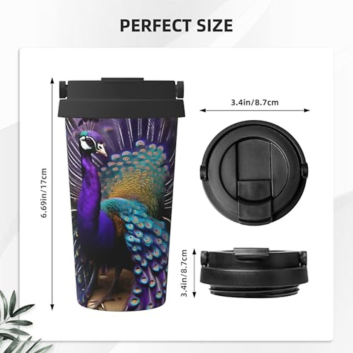 WANGXUEE Purple Peacock Print 500ml Stainless Steel Travel Tumbler Double Wall Vacuum Insulated Coffee Mug
