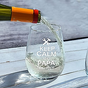 Funny Dad Wine Glass - Keep Calm And Papa Will Fix It Stemless Wine Glass 15Oz, Unique Father’s Day Gift for Dad Papa Father New Dad Husband from Daughter, Son, Wife, Dad Gift for Birthday, Christmas