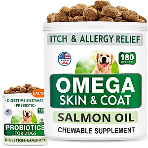 Omega 3 for Dogs + Dog Probiotics Chews Bundle - Itch Relief + Upset Stomach Relief - EPA & DHA Fatty Acids + Enzymes + Prebiotics - Joint Health + Improve Digestion - 120 + 180 Chews - Made in USA