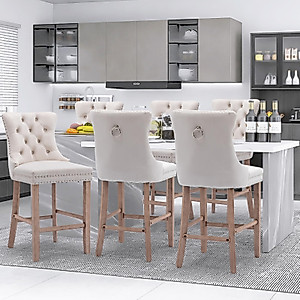SoarFlash Modern Velvet Upholstered Bar Stools Set of 6 with Wood Legs, Button Tufted,Chrome Nailhead, Counterstool Seat, Armless Bar Chairs (Beige)