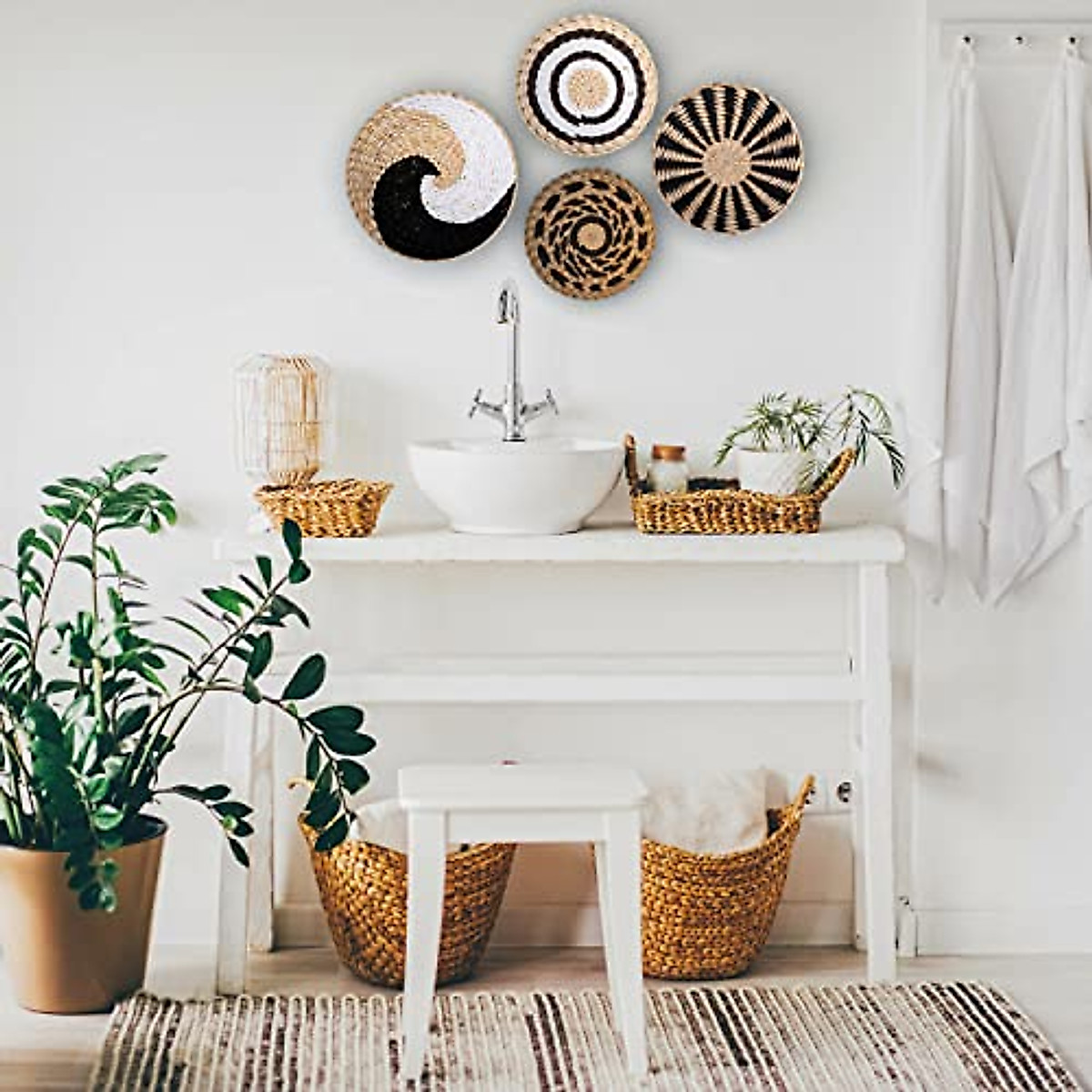 Wicker Wall Basket Decor Set of 4 - Black, Brown & White - Woven Boho Macrame Wall Hanging - Hook Attached for EASY Hanging - Wall Hanging Decor for Farmhouse Style