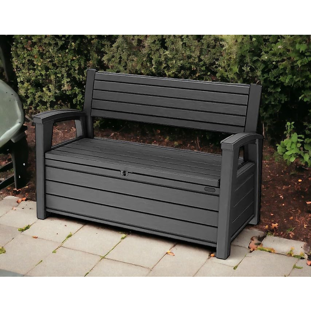 Generic Hudson Stylish and Plastic Outdoor Storage Bench, Perfect for organizing Garden Tools and Accessories While Providing Extra 2 Seating in Graphite Gray