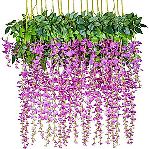 12 Pieces of 3.6 Feet/Piece of Artificial Fake Wisteria Vine Ratta Hanging Garland Silk Flower String-Like Family Party Wedding Garden Outdoor Office Wall Decoration (Green, 12)
